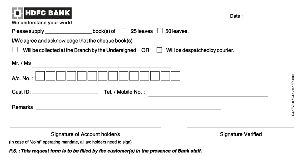 Free HDFC India Cheque Book Request Form PDF Template Form Download Free HDFC India Cheque Book Request Form PDF Template Form Download